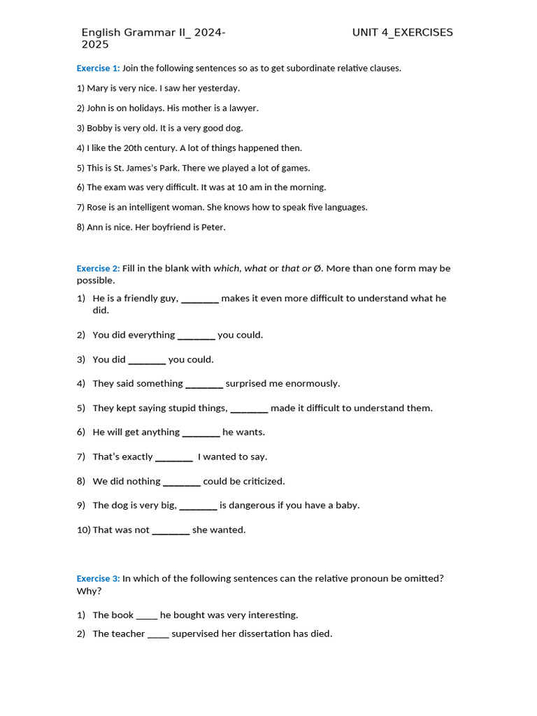 EA - Exercises Unit 4 - 24-25 | PDF | English Grammar | Linguistic Typology
