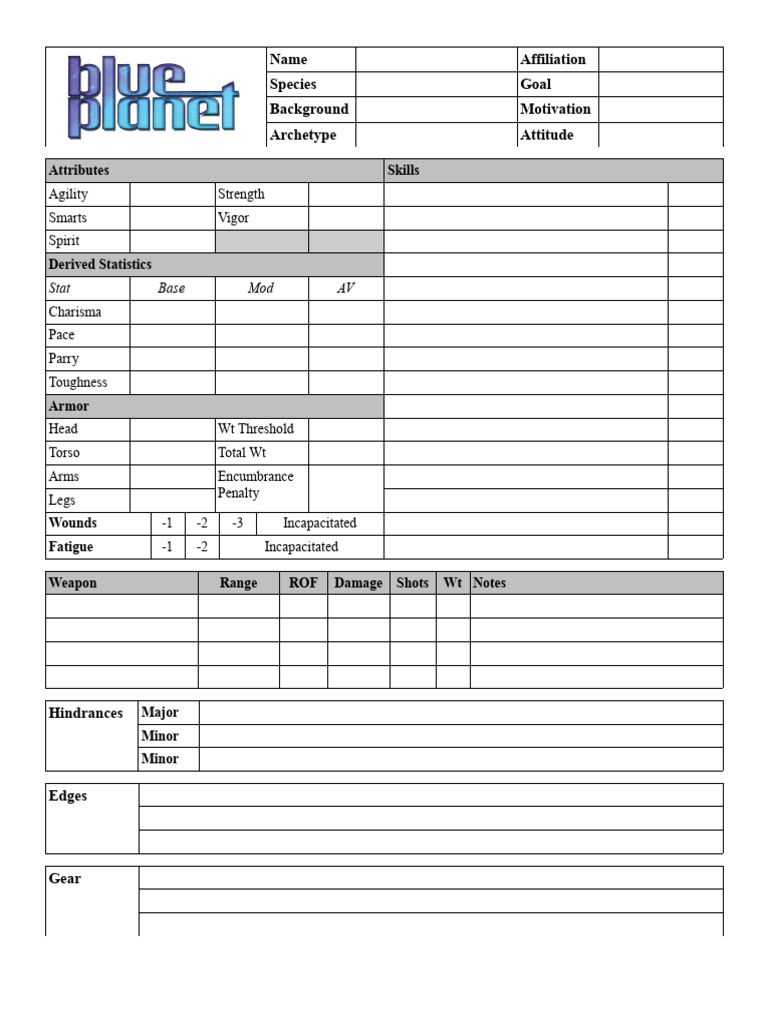 Savage Blue Planet Character Sheet | PDF