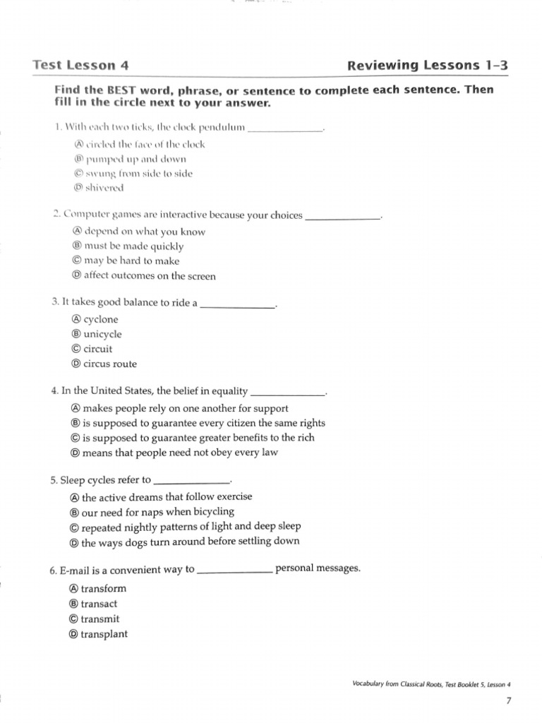 G5 Test Booklet Vocabulary Classical Roots | PDF