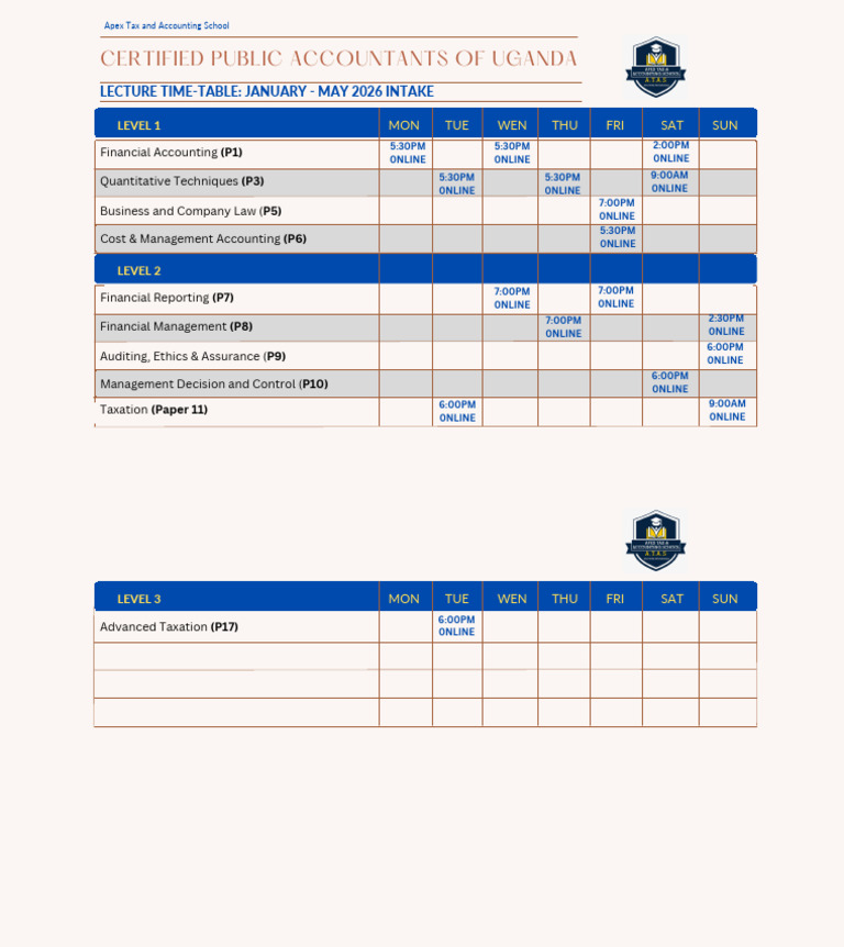 CPA Time-Table - Jan - May 2026 Intake | PDF