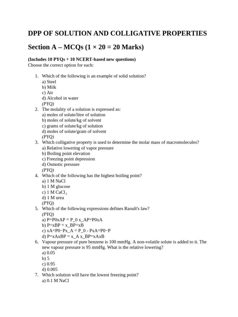 DPP OF SOLUTION AND COLLIGATIVE PROPERTIES | PDF | Chemistry | Physical ...