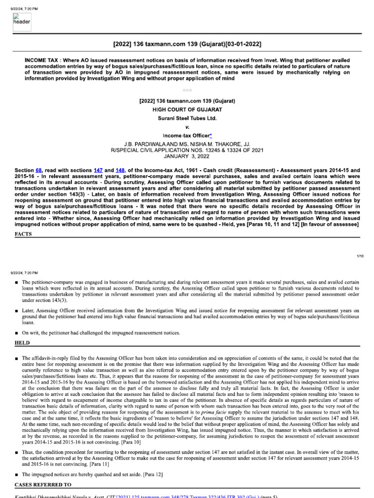 Surani Steel Tubes Ltd. v. ITO (HC - GUJ) 03.01.2022 | PDF