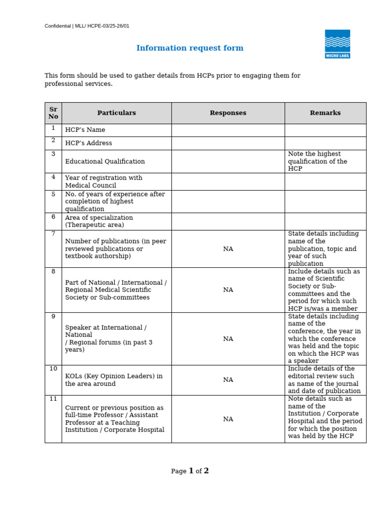2. HCP Profiling (Selection and Approval Form) | PDF