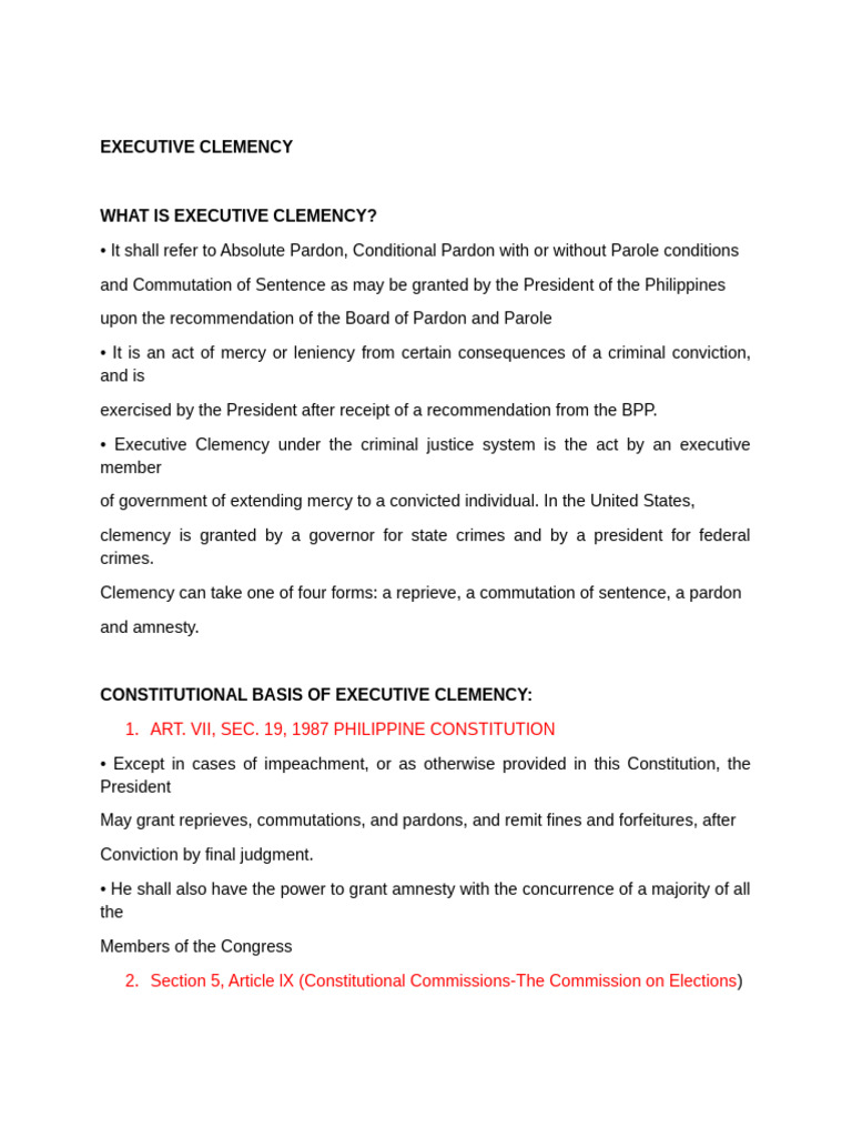 Executive Clemency: 1. Art. Vii, Sec. 19, 1987 Philippine Constitution ...