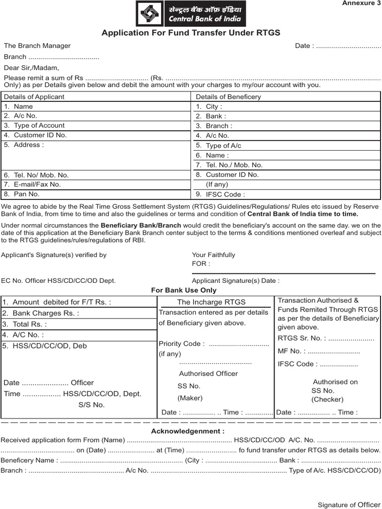 Rtgs Form Central Bank of India | PDF | Banking | Financial Services