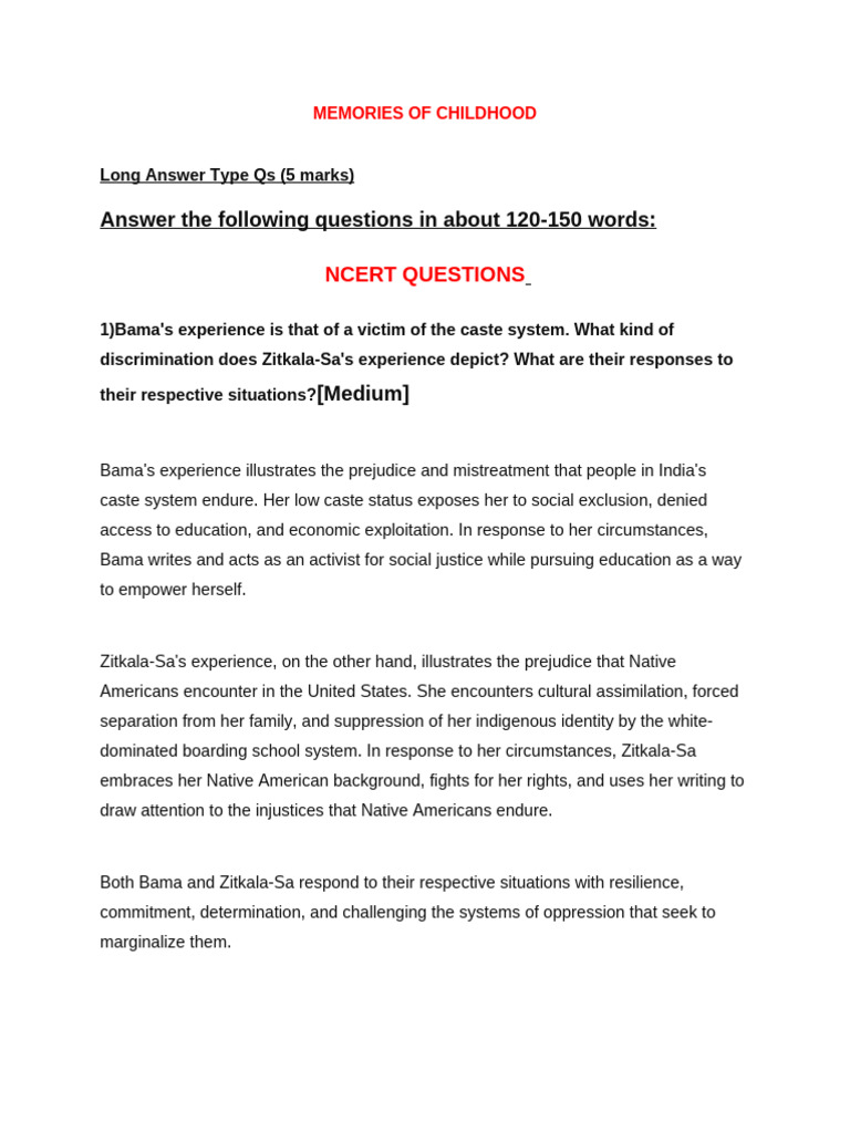 Memories of Childhood Long Answer Edu Cart | PDF | Caste | Narrative