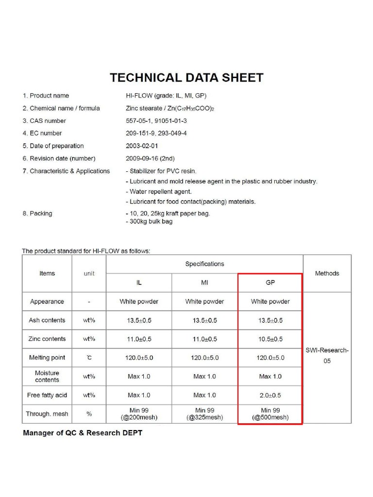 TDS - Zinc Stearate (GP Grade) | PDF