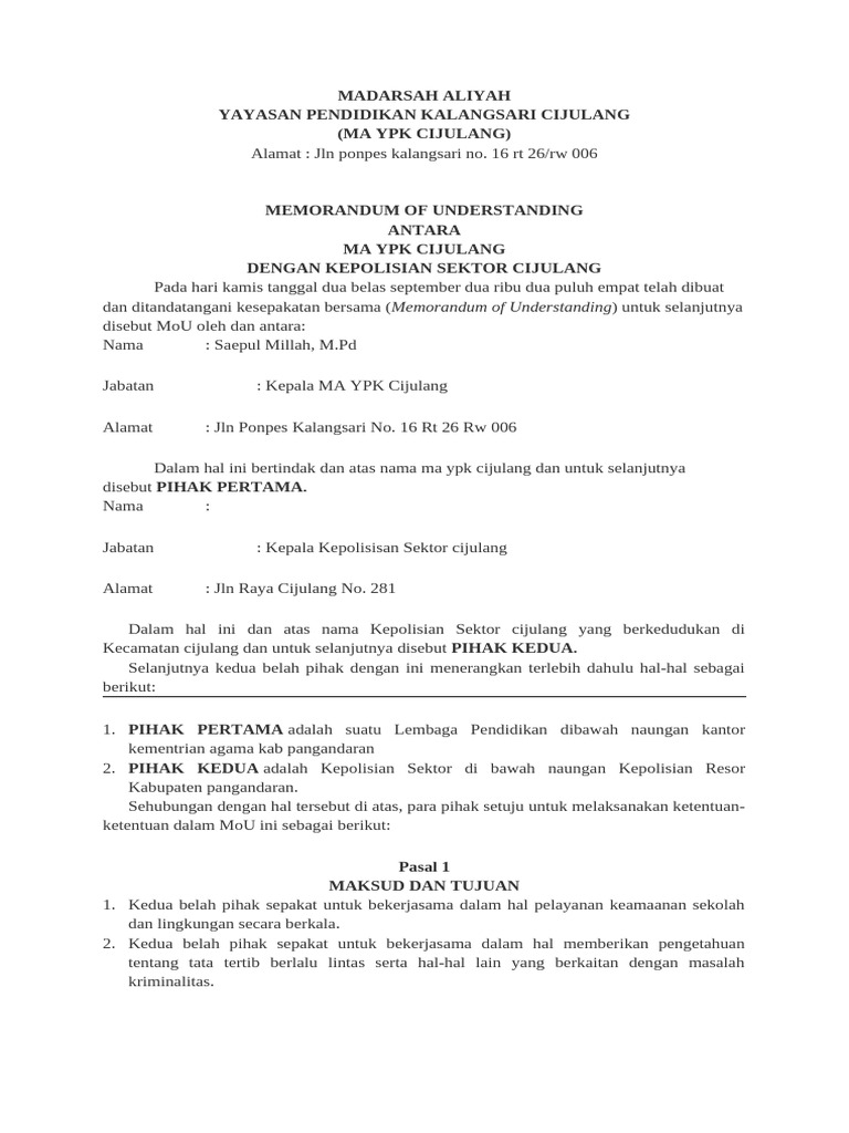 PDF Contoh Mou Sekolah Dengan Kepolisian.pdf Convert | PDF