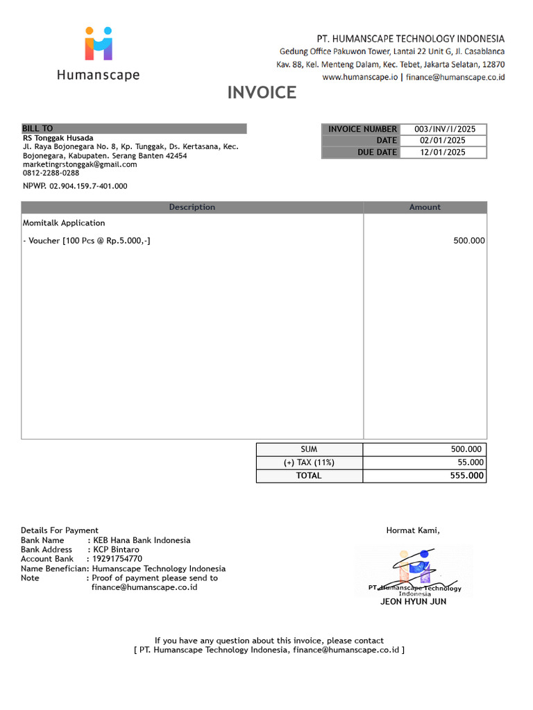003.inv.i.2025 Invoice Rs Tonggak Husada | PDF