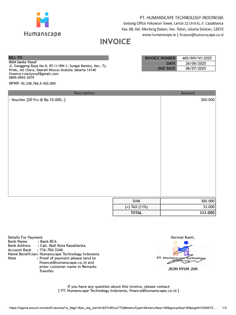 465.inv - Vi.2025 Invoice Rsia Santo Yusuf 26.06.2025 | PDF