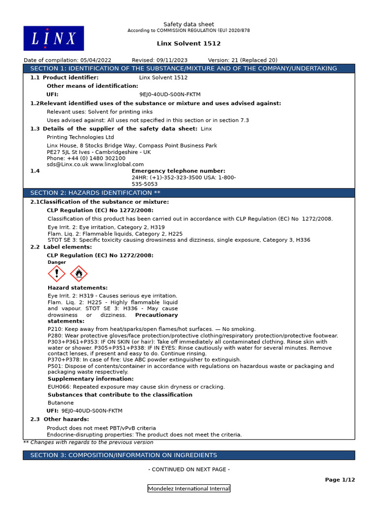 Linx Solvent 1512 Safety Data Sheet | PDF | Dangerous Goods | Personal ...