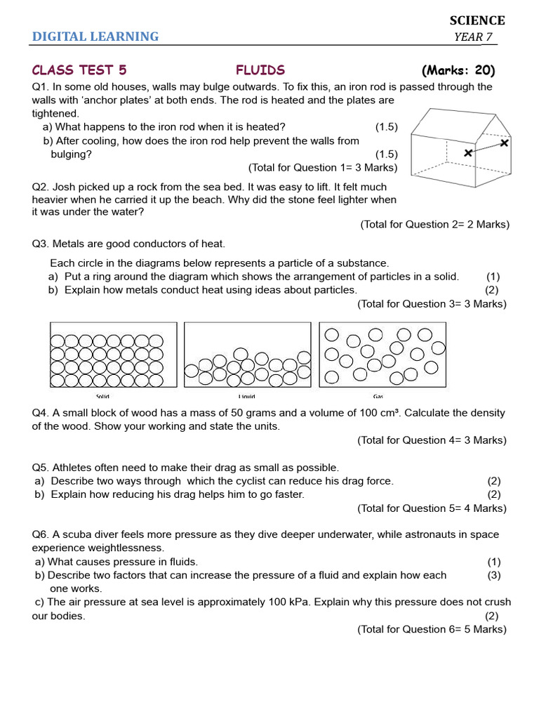 Year 7 Science Test: Fluids Concepts | PDF | Pressure | Continuum Mechanics