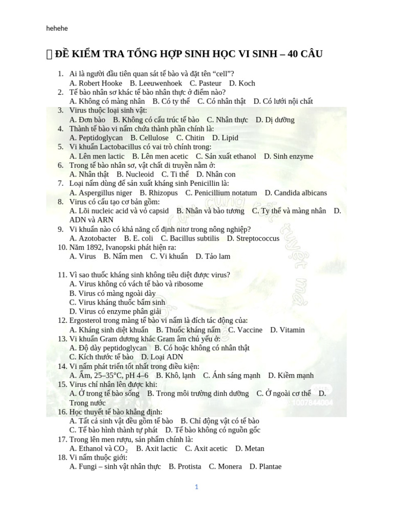 ? Đề Kiểm Tra Tổng Hợp Sinh Học Vi Sinh | PDF