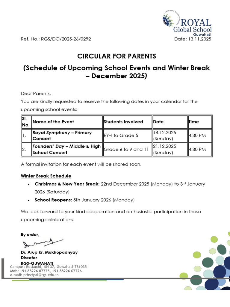 0292 - CIRCULAR For PARENTS (Schedule of Upcoming School Events and ...