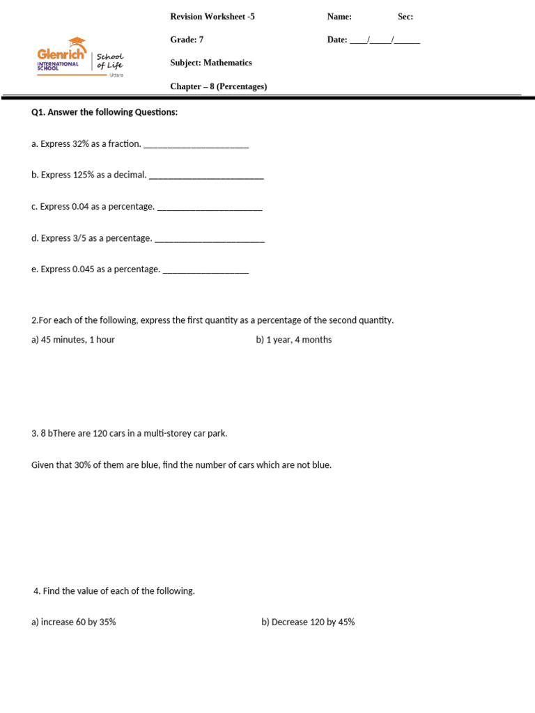 Mathematics Percentages Practice Worksheet | PDF