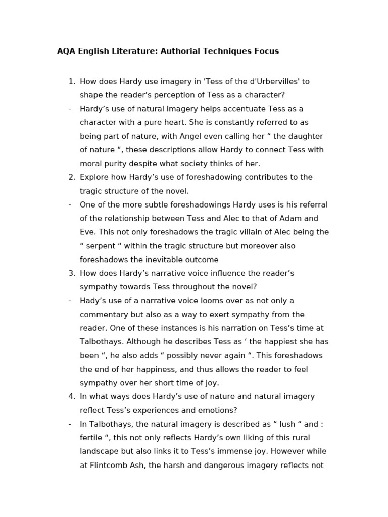 Tess Quiz for a level | PDF | Tess Of The D'urbervilles