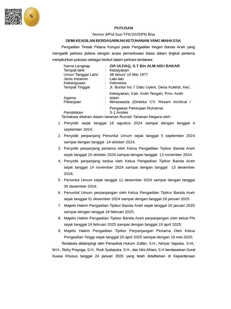 Putusan 9 Pid - Sus-Tpk 2025 PN Bna 20250501174513 | PDF