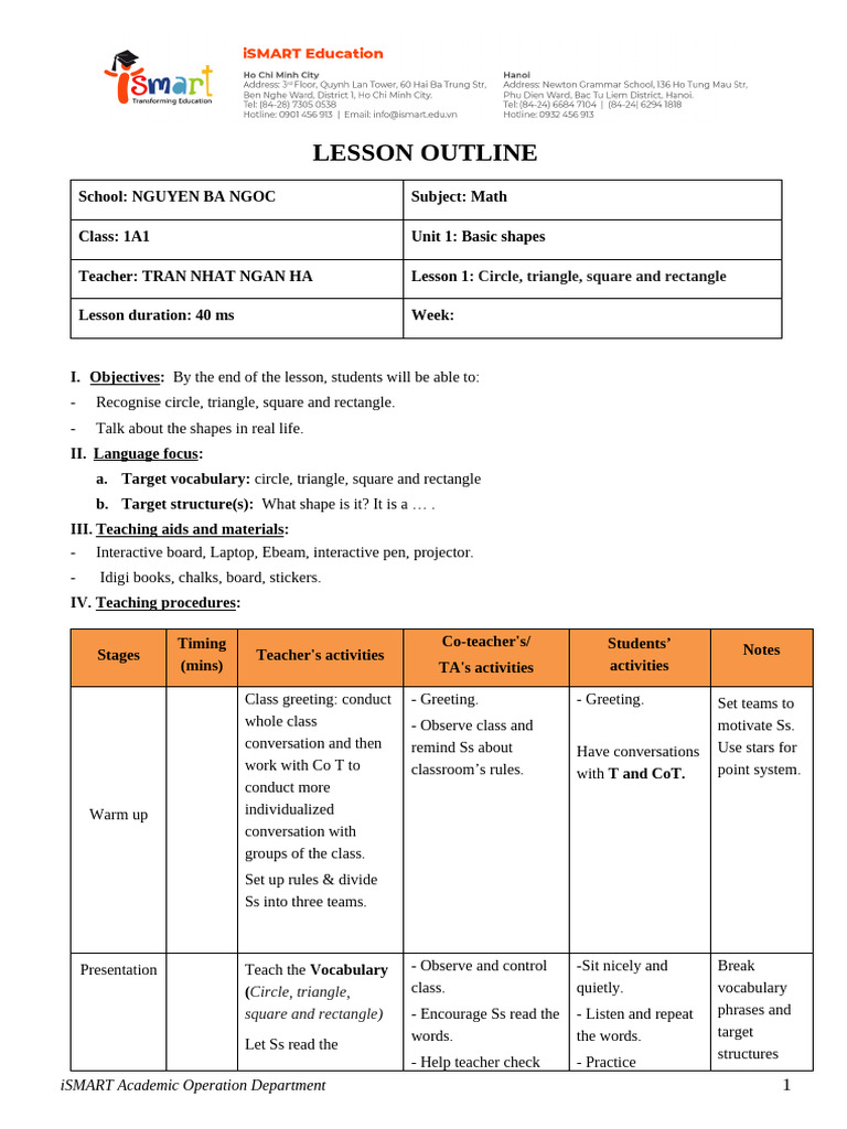Grade 1 - Week 1 - M1U1L1 Circle, Triangle, Square and Rectangle | PDF ...