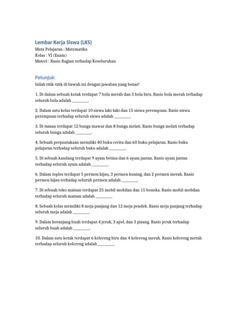 LKS Rasio Bagian Terhadap Keseluruhan | PDF