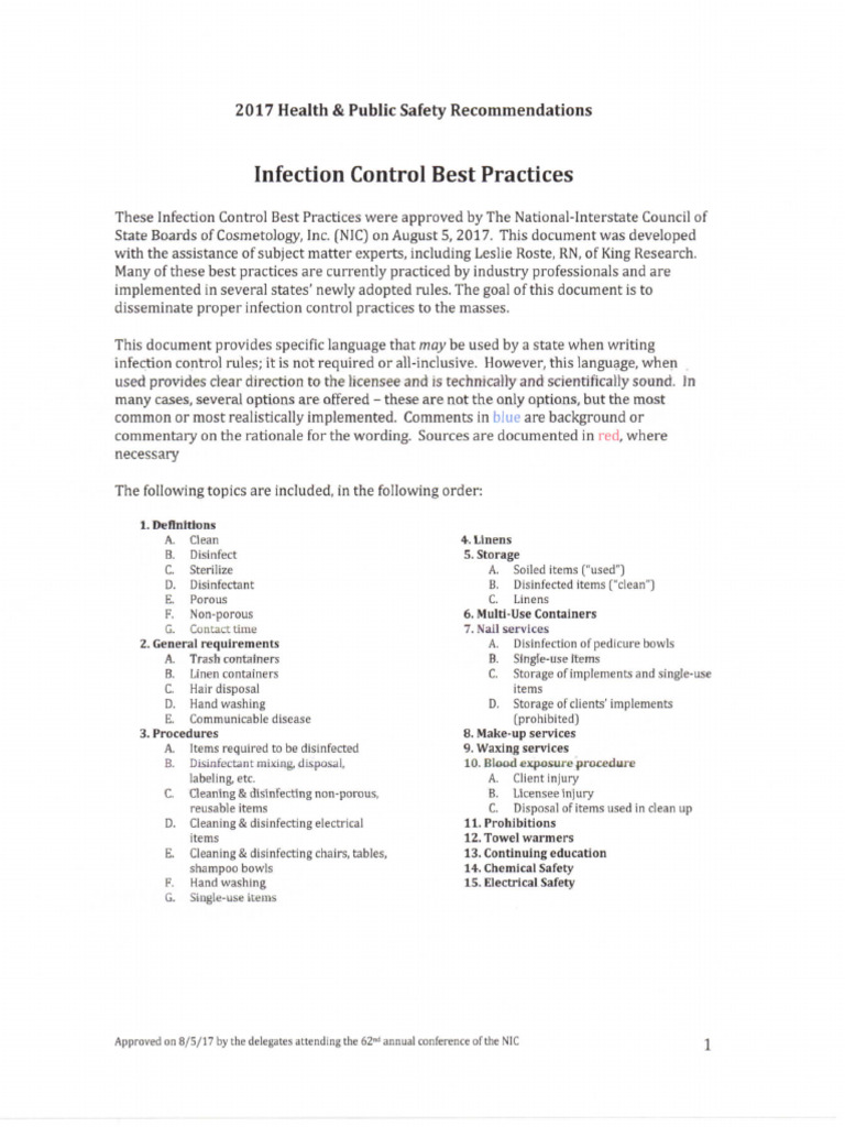 Infection Control Best Practices Doc Approved by Delegates on 8-5-17 | PDF