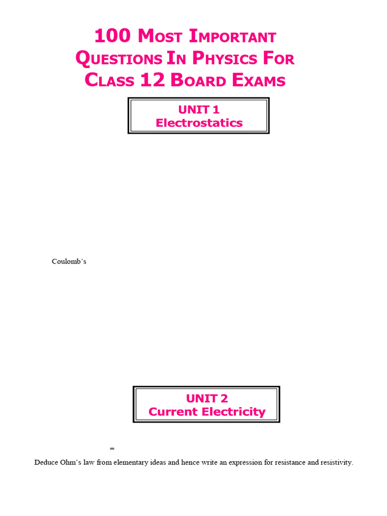 Top 100 Physics Questions for Class 12 | PDF | Electrical Impedance ...