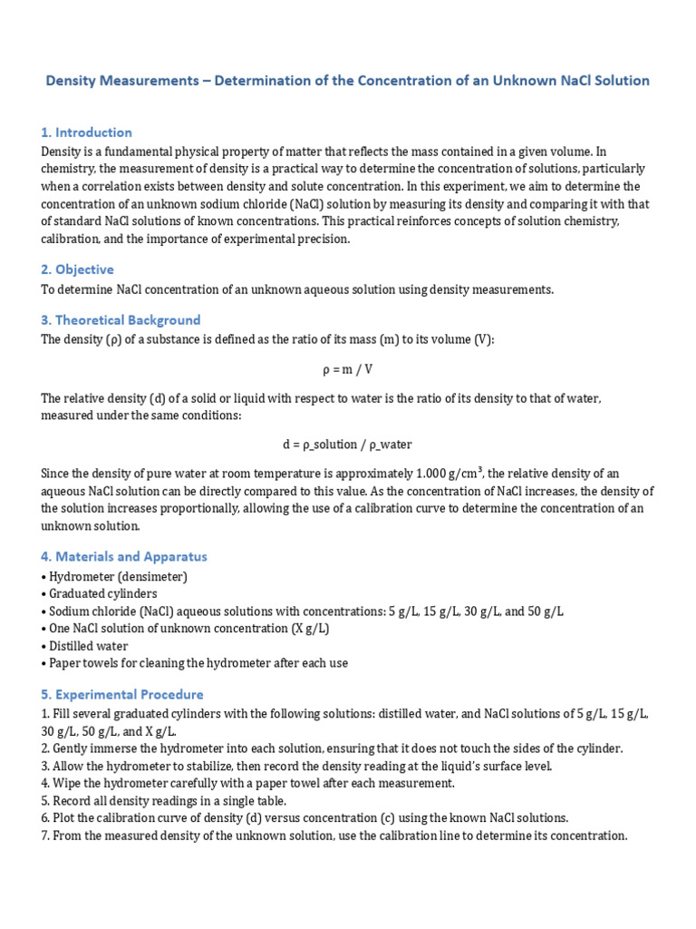 Determine NaCl Concentration via Density | PDF | Density | Chemistry