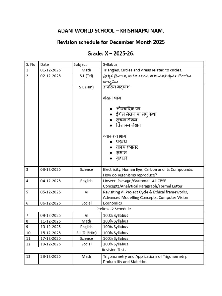 December Test Schedule GradeX (2025-26) | PDF