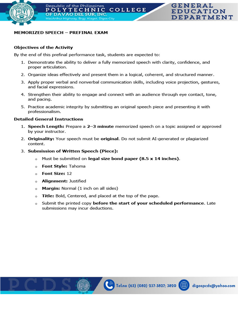 Memorized-Speech Pre Final Exam | PDF | Speech | Human Communication