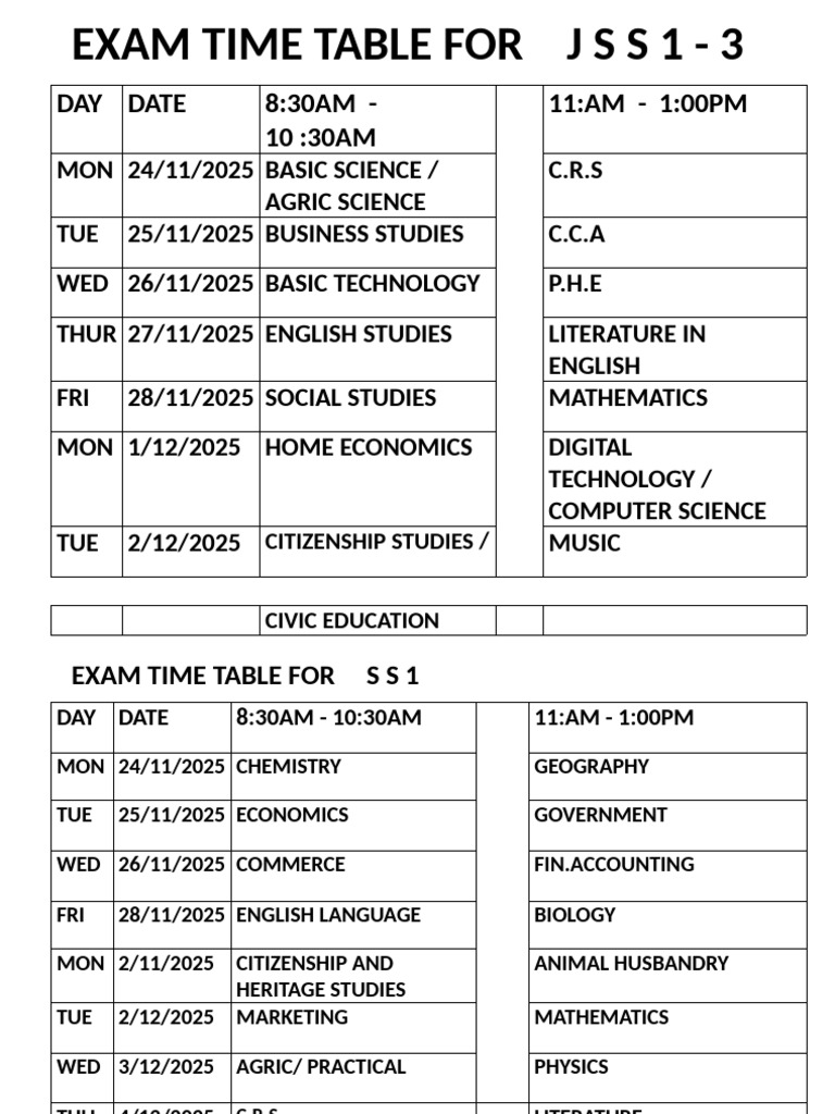 Exam Time Table For J S S 1 | PDF