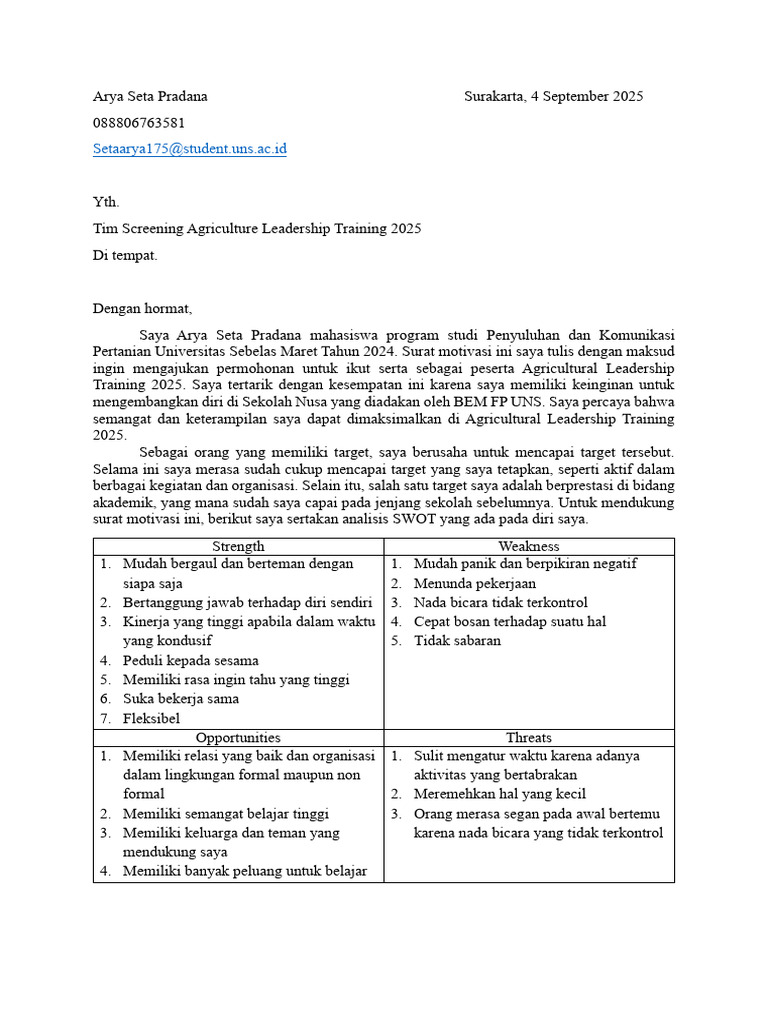 Contoh Motivation Letter | PDF