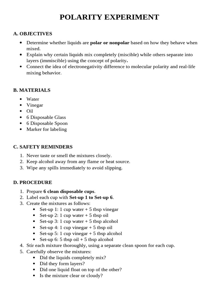 Polarity Experiment | PDF | Chemical Polarity | Ethanol