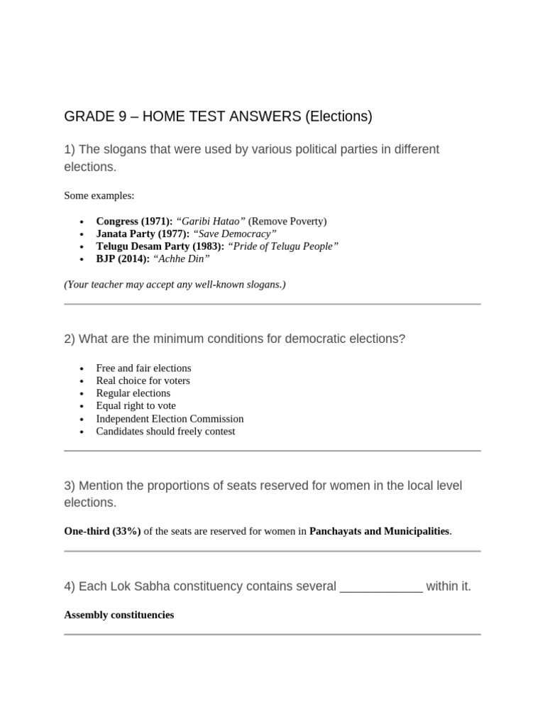 Grade 9 Home Test Electoral Politics | PDF | Elections | Voting