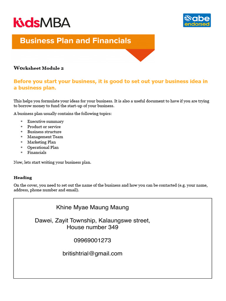 Worksheet Module 2 12S - Business Plan and Financials v1 | PDF ...