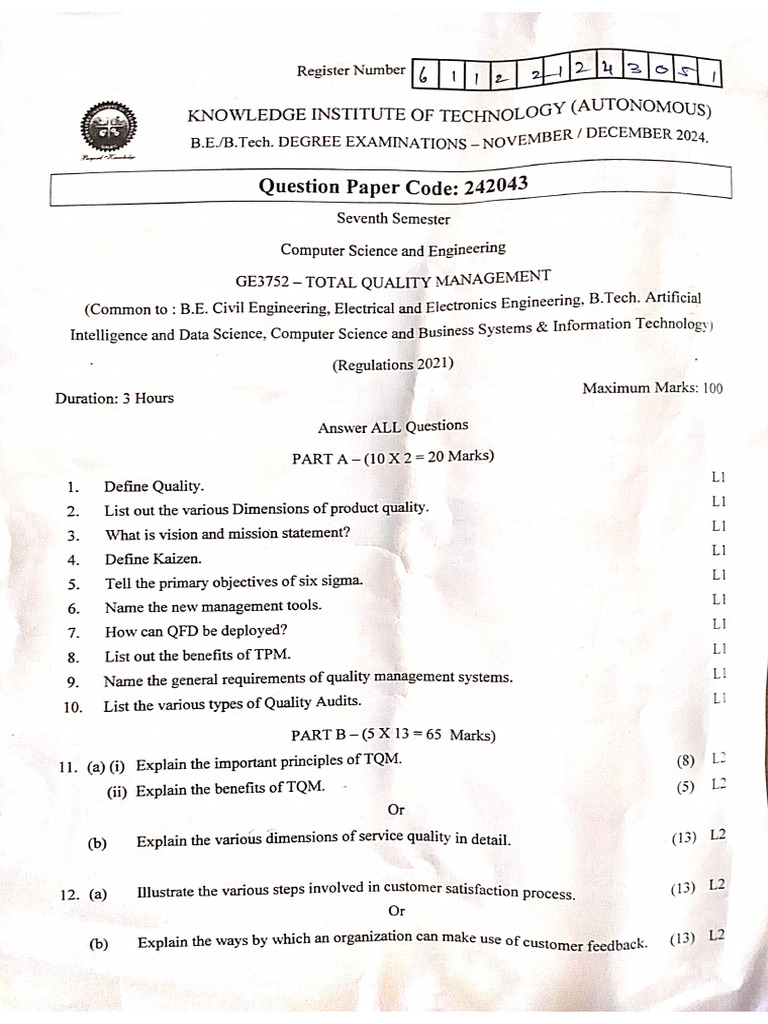 Tqm Kiot End Semester Exam Question Paper 2024 Nov Dec | PDF