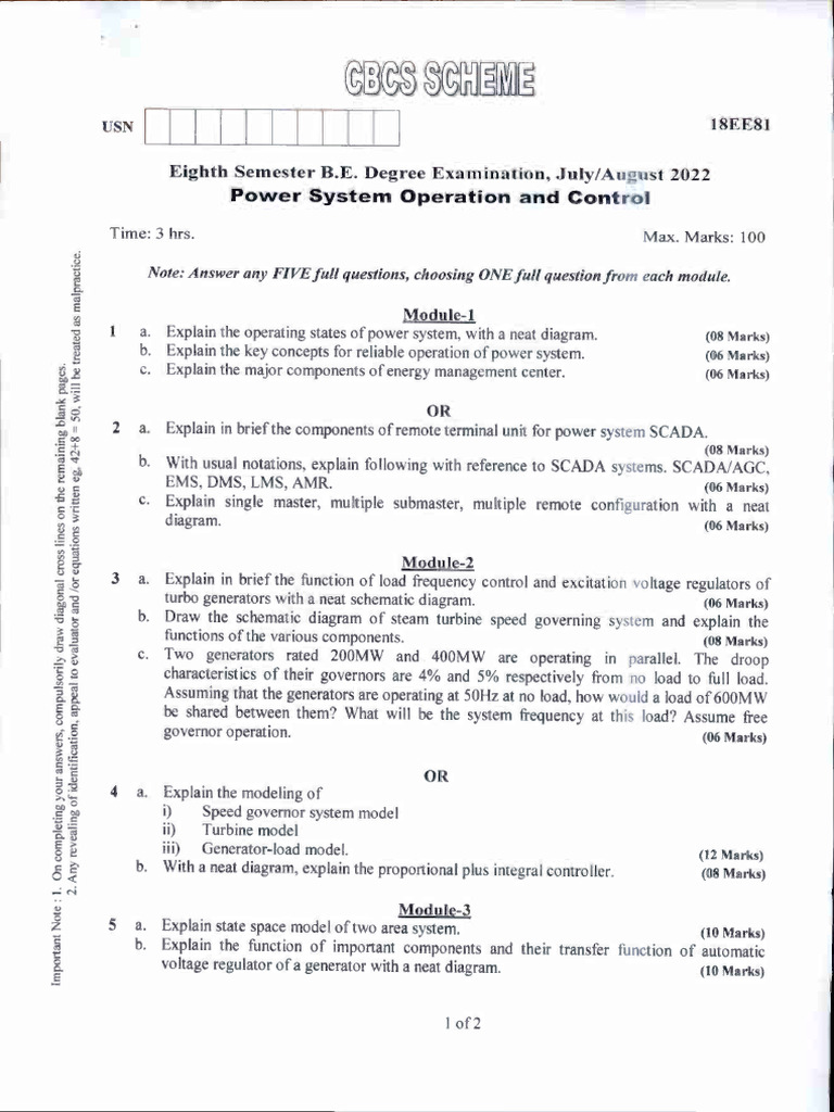 VTU Exam Question Paper With Solution of 18EE81 Power System Operation ...