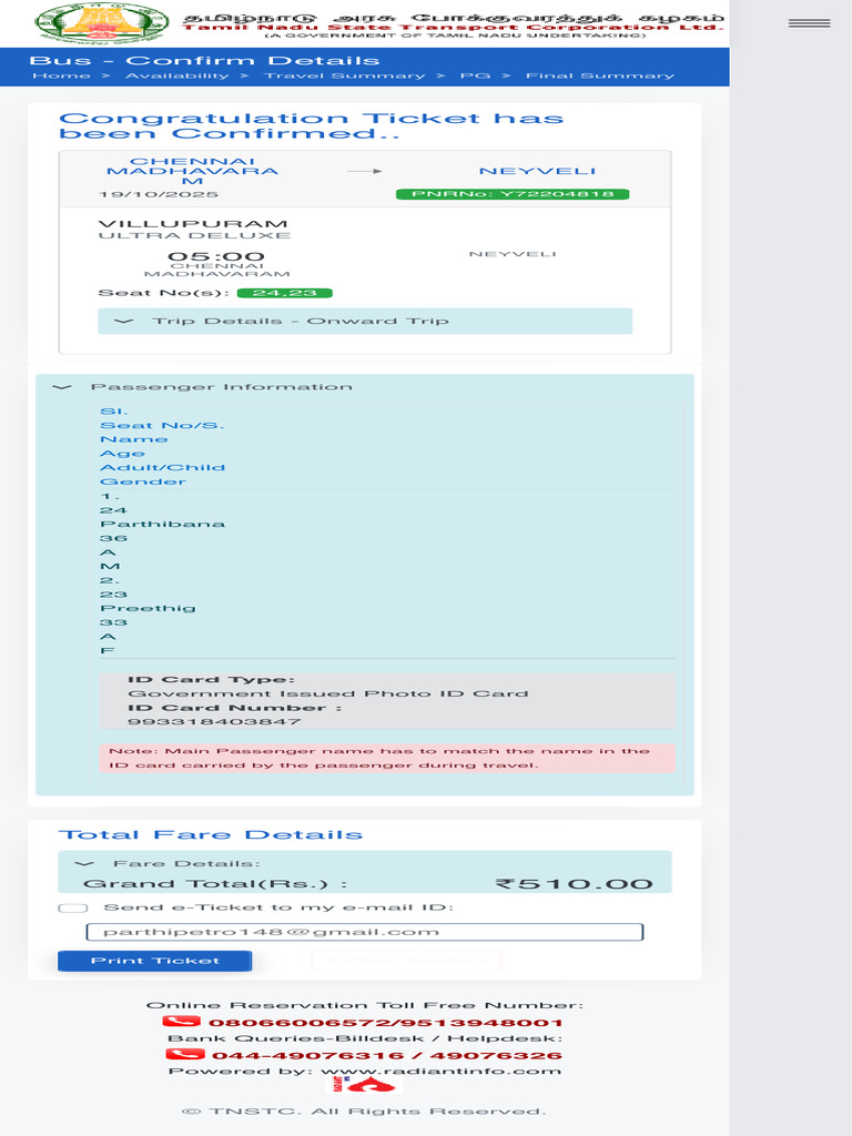 TNSTC Online Bus Ticket Confirmation | PDF