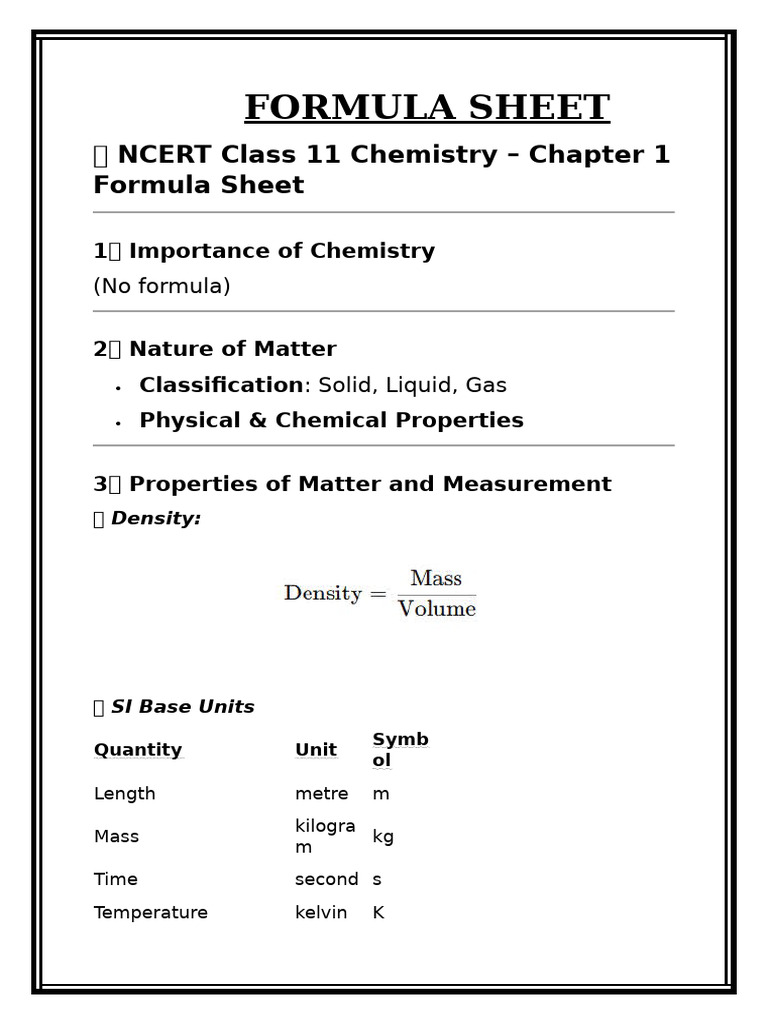 Formula Sheet Chemistry | PDF | Mole (Unit) | Physical Sciences