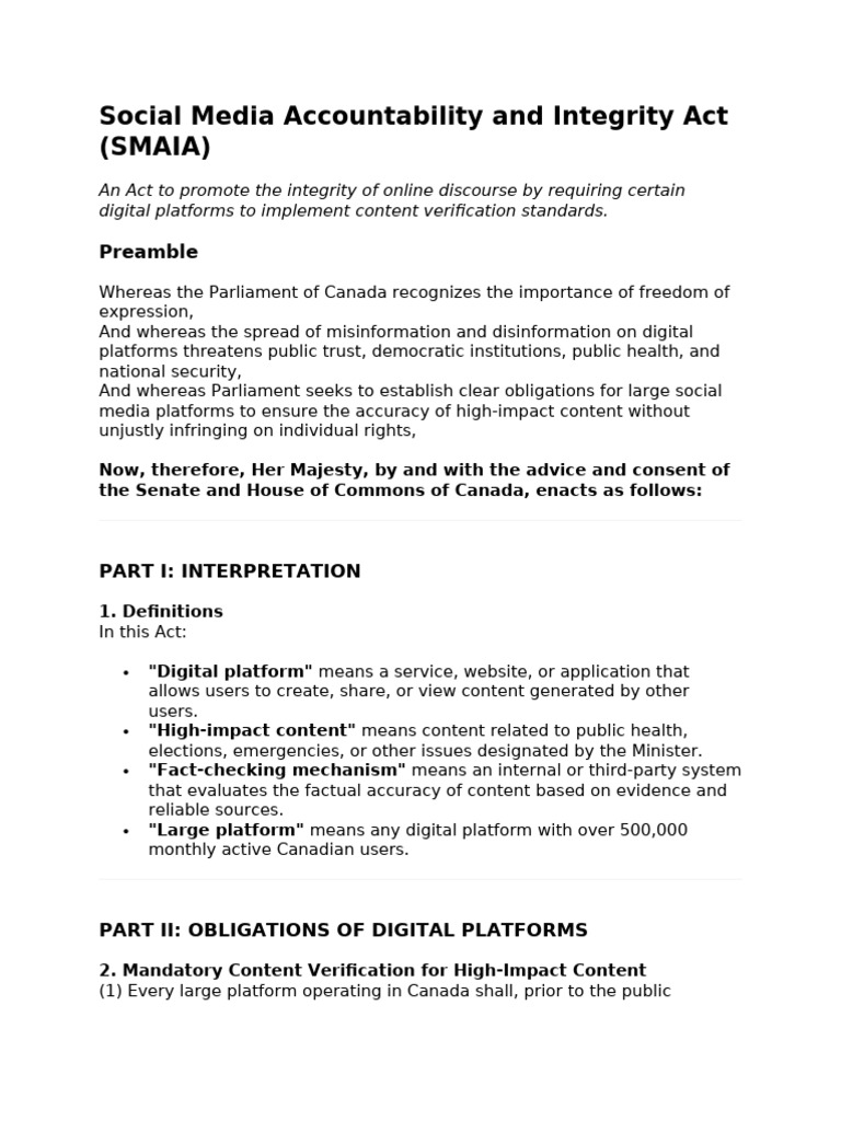 Social Media Accountability and Integrity Act | PDF | Regulatory ...