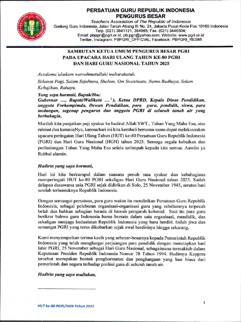 788 Pengantar Sambutan Ketua Umum PB PGRI Dan Sejarah Singkat PGRI Pada ...