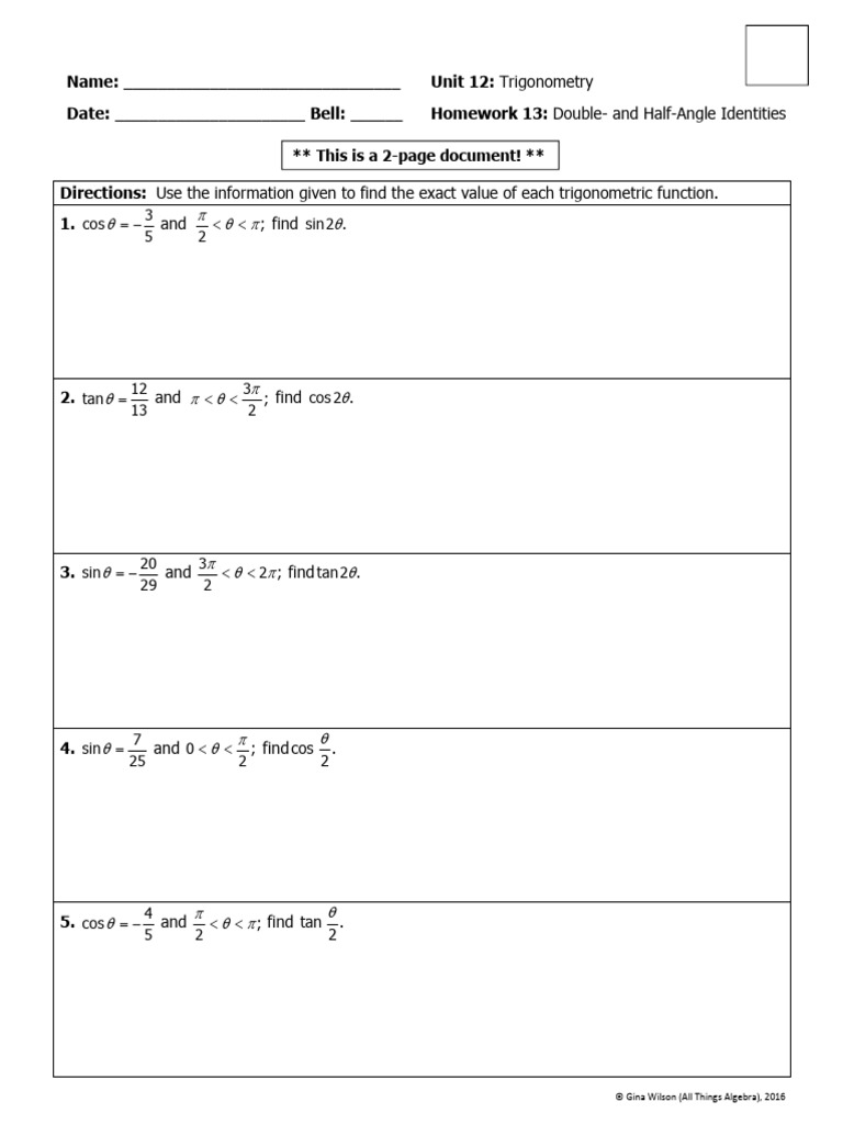 Double and Half Angle Identities | PDF