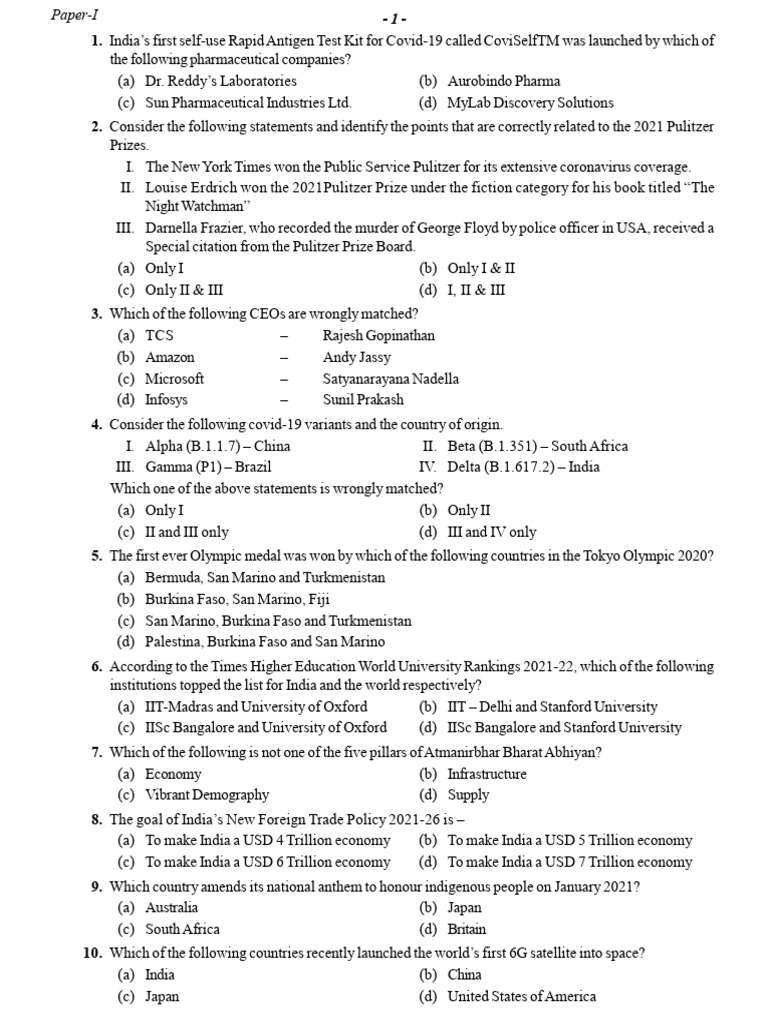 Mcs Combined 2021 Preliminary Exam Paper I | PDF