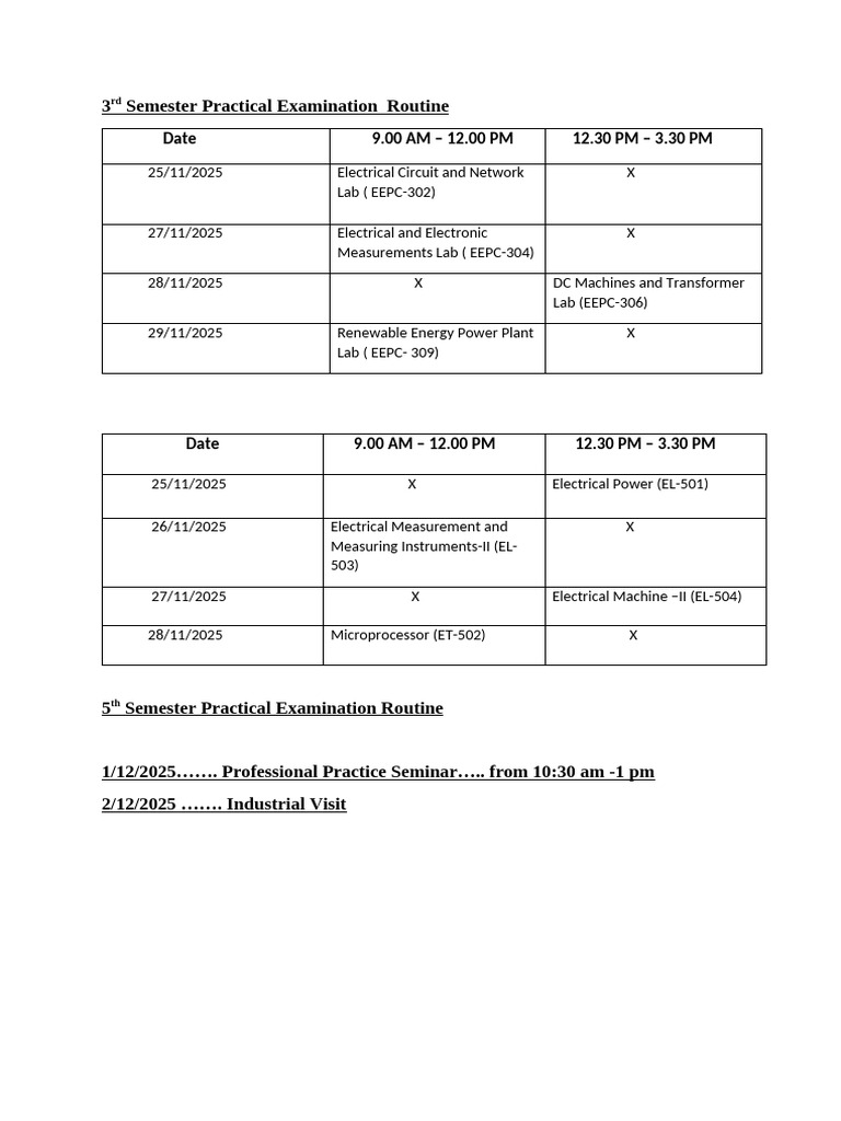 3rd and 5th Practical Examination Routine | PDF