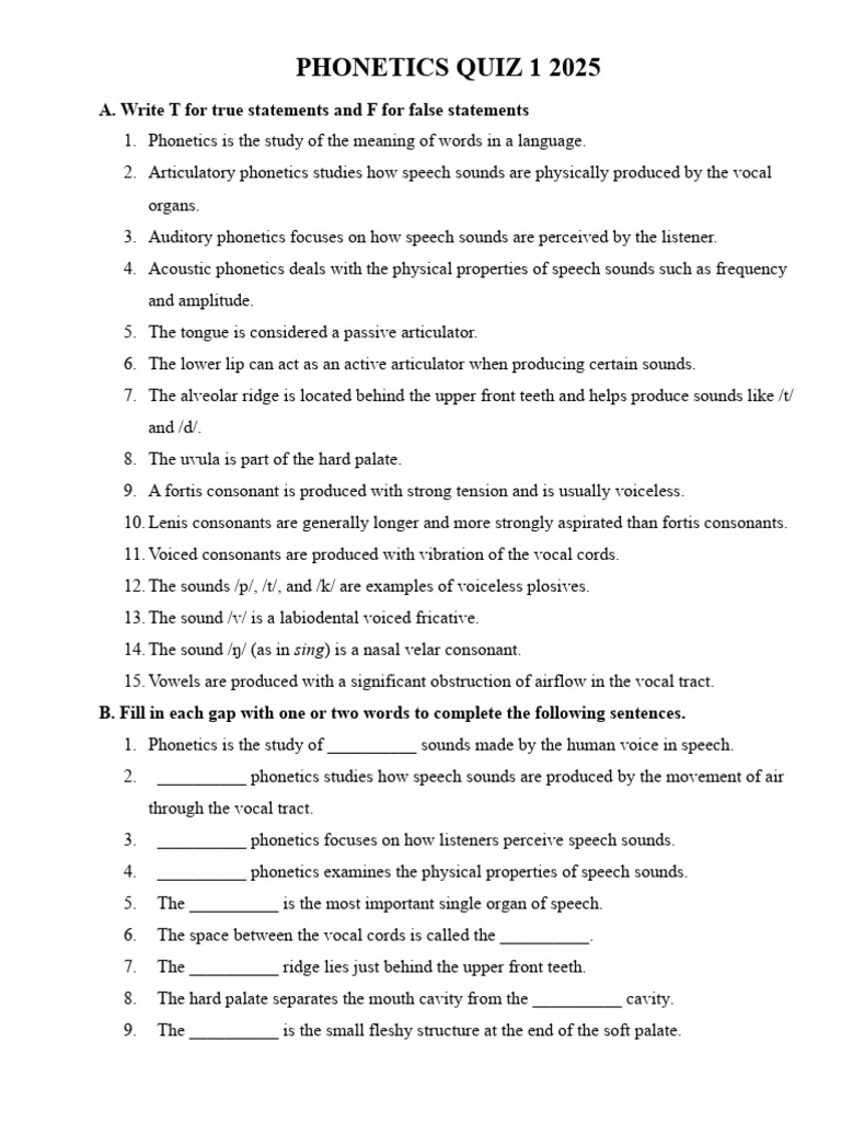 Phonetics Quiz 1 2025 | PDF | Phonetics | Human Voice