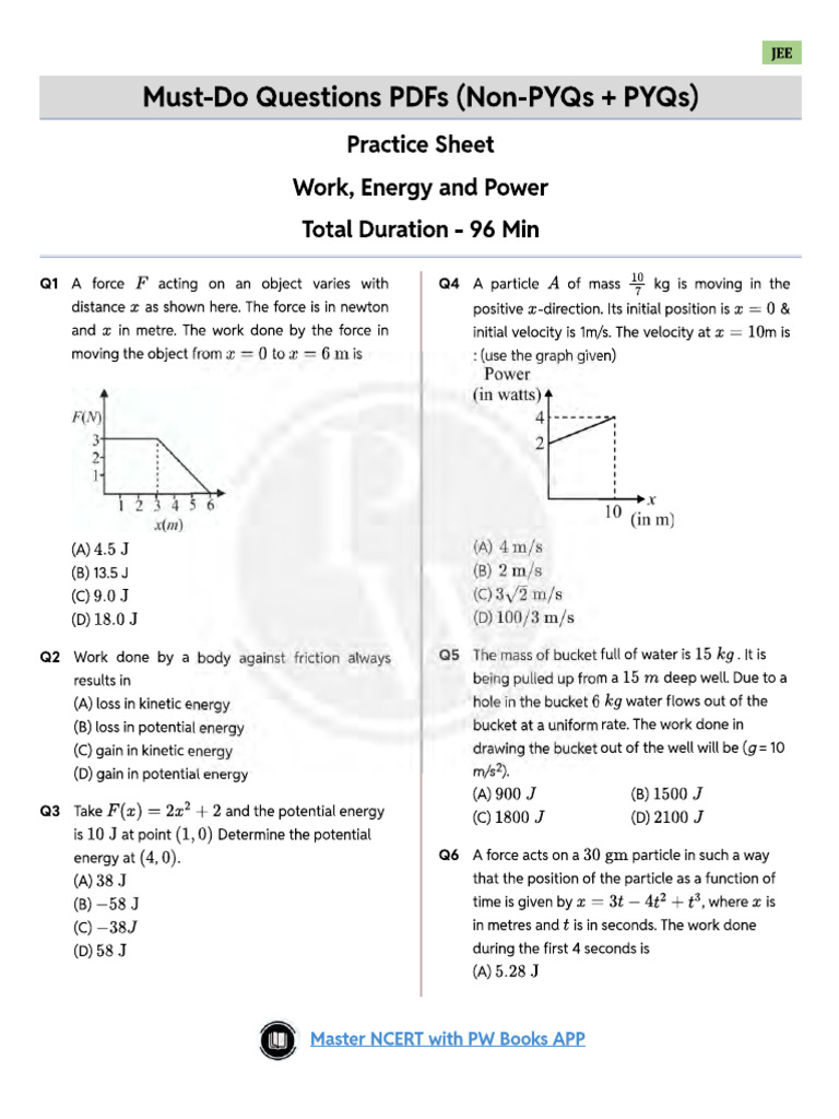 Work, Energy and Power Must Do Questions Sheet | PDF