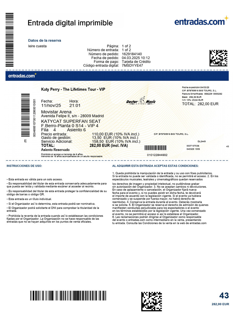 Entrada VIP Katy Perry Madrid 2025 | PDF