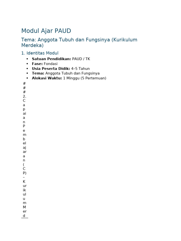 Modul PAUD: Anggota Tubuh dan Fungsinya | PDF