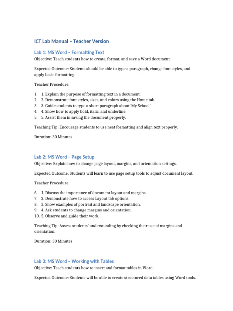 ICT Lab Manual Teachers | PDF | Microsoft Word | Microsoft Power Point