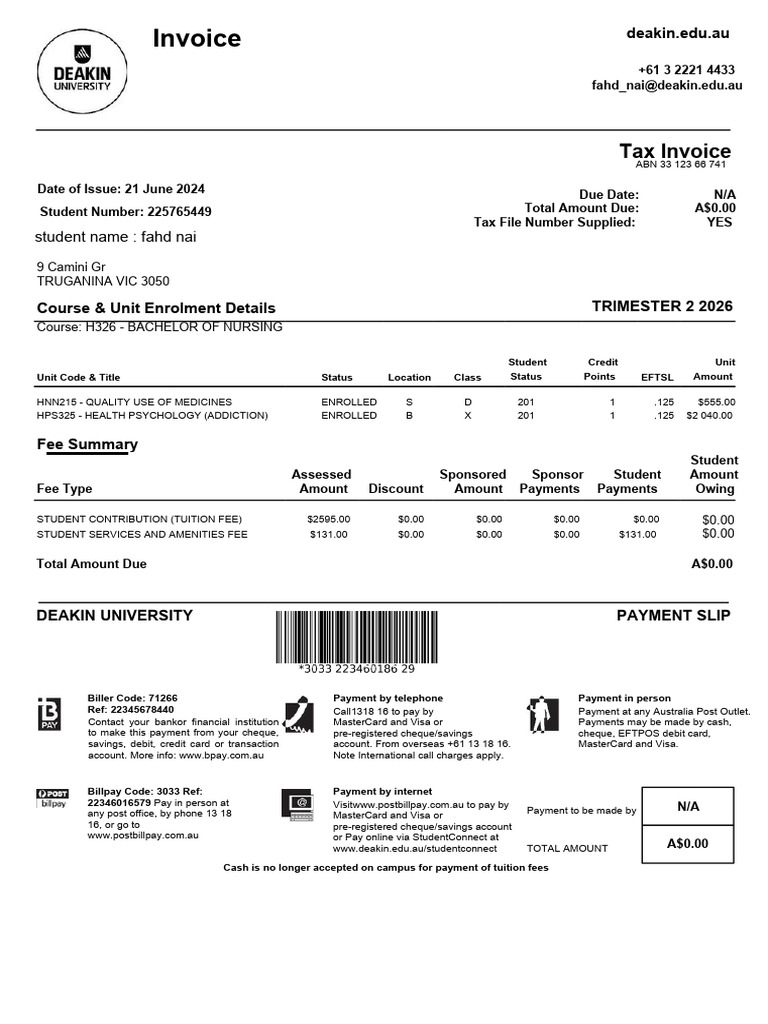Deakin University Nursing Invoice 2026 | PDF | Payments | Debit Card