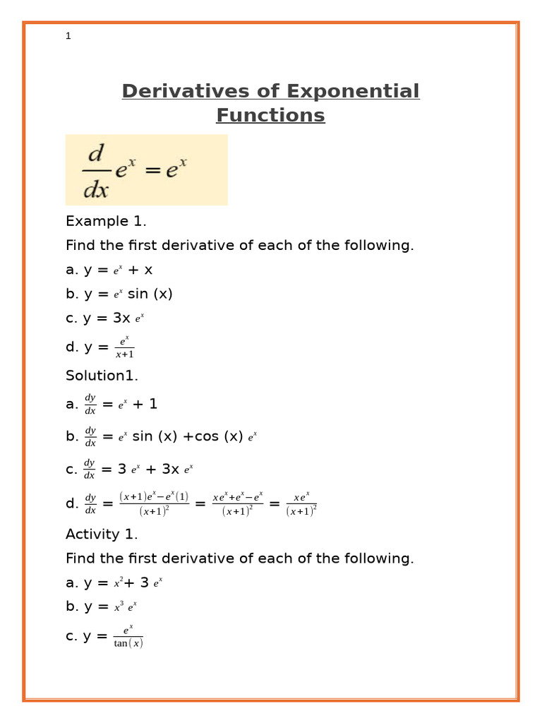 Derivative of Exponential and Logarithmic Functions | PDF ...