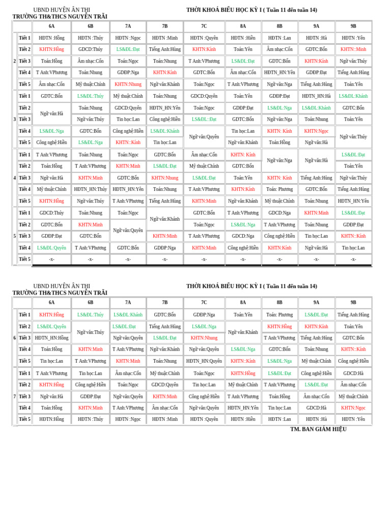 Thời Khoá Biểu Học Kỳ i ( Tuần 11 Đến Tuần 14) | PDF